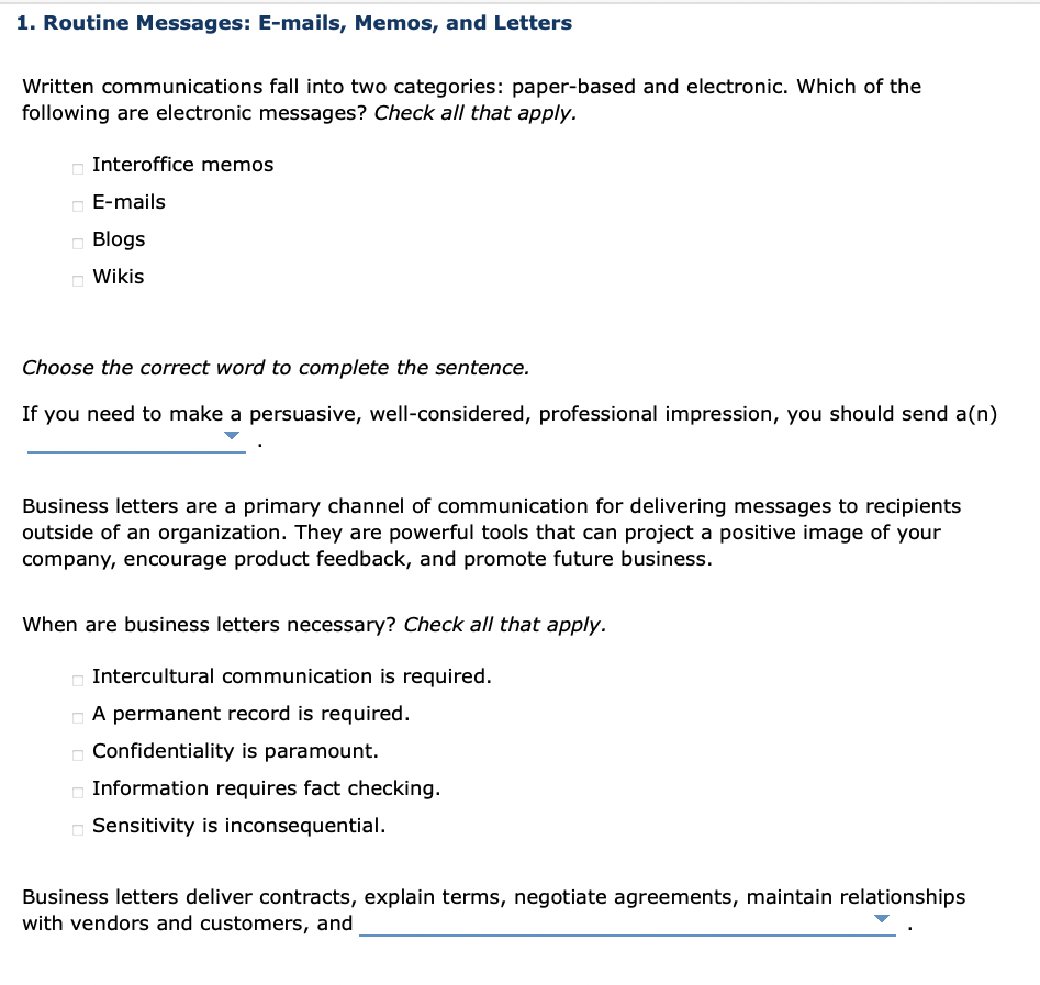 Solved 1. Routine Messages: E-mails, Memos, and Letters | Chegg.com
