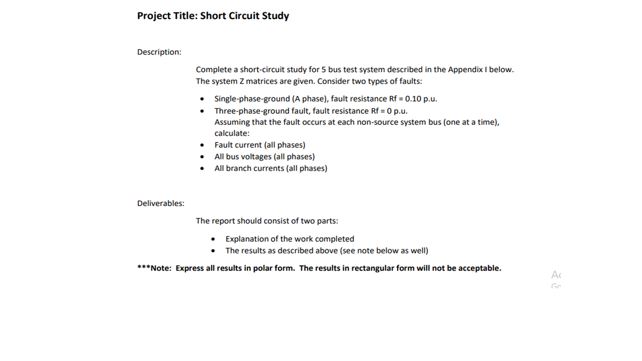 Solved Project Title: Short Circuit Study Description: | Chegg.com