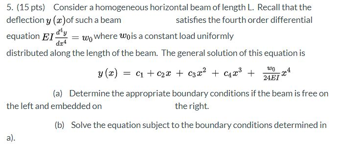 Solved 5. (15 pts) Consider a homogeneous horizontal beam of | Chegg.com