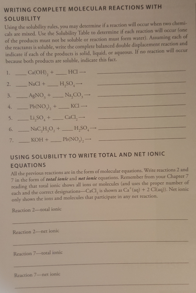 WRITING COMPLETE MOLECULAR REACTIONS WITH SOLUBILITY | Chegg.com