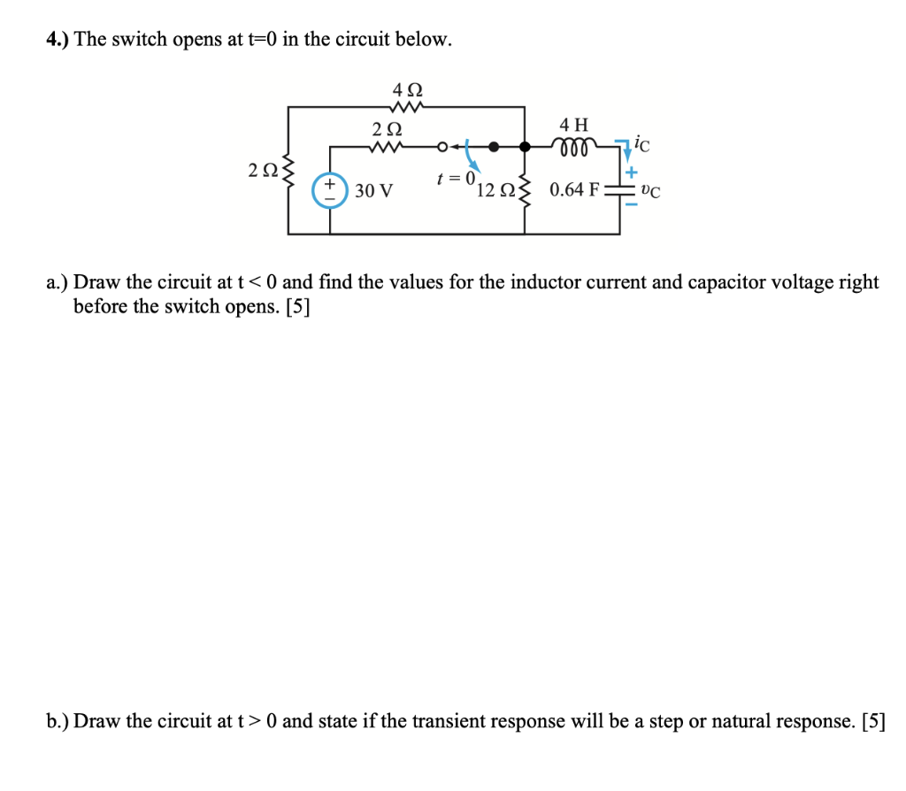 Solved 4.) The switch opens at t=0 in the circuit below. 492 | Chegg.com