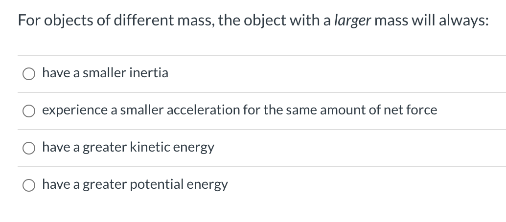 Solved For objects of different mass, the object with a | Chegg.com