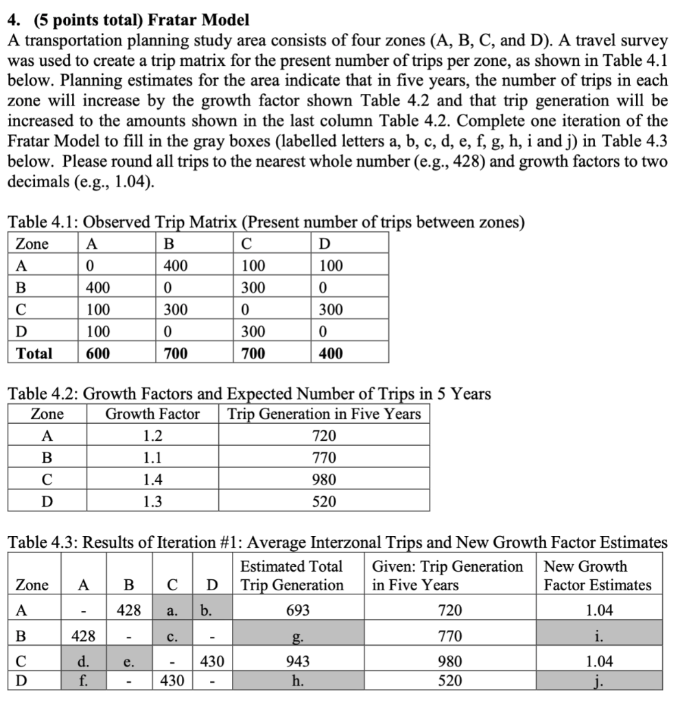 Solved 4. (5 points total) Fratar Model A transportation | Chegg.com