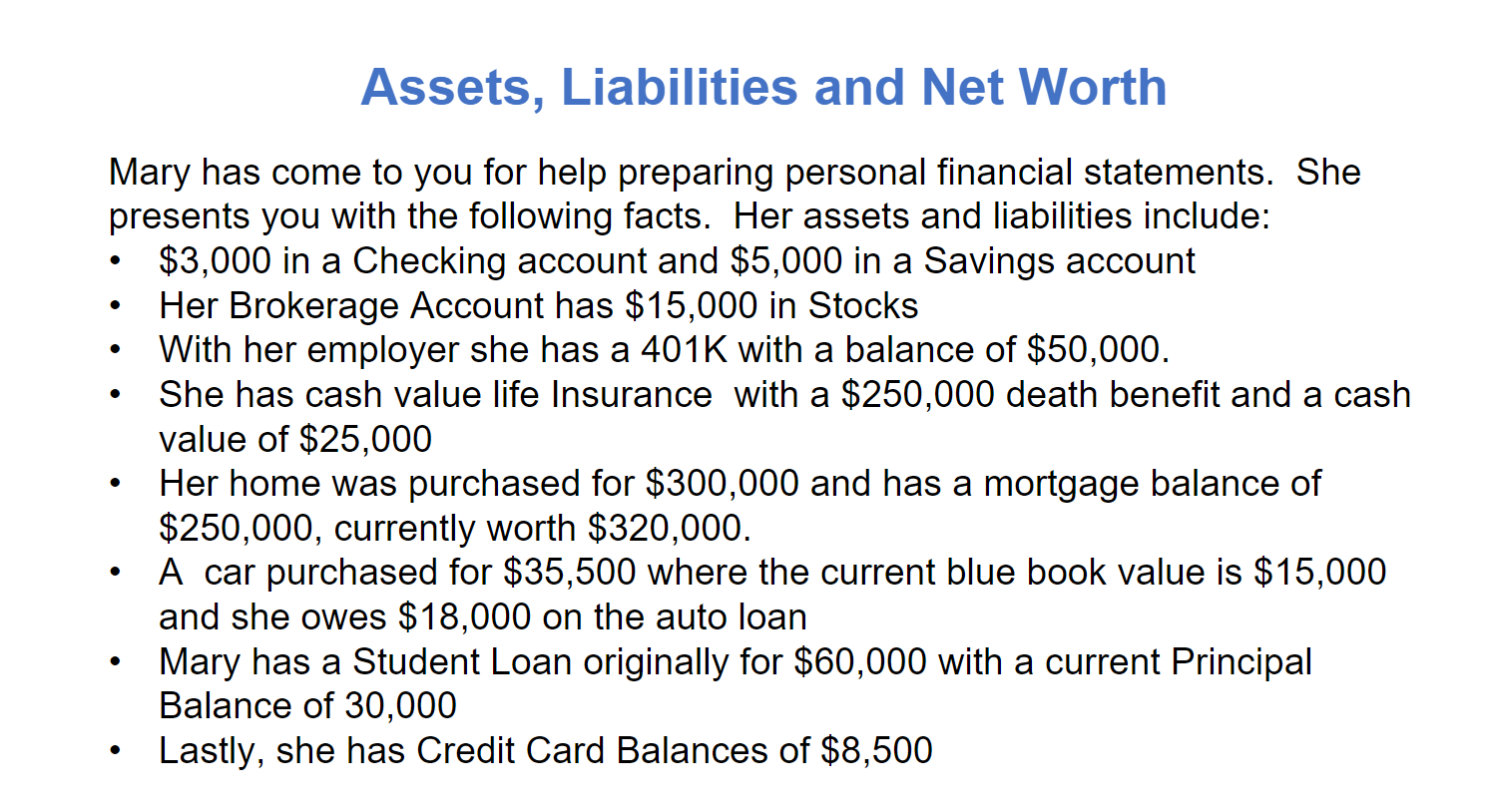 Solved Prepare a Cash Flow and Net Worth Statement for Mary( | Chegg.com