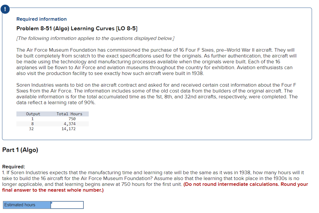 Solved Required information Problem 8-51 (Algo) Learning | Chegg.com