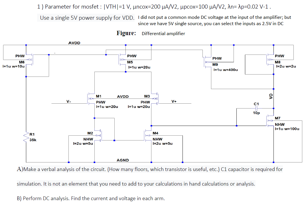 1) Parameter for mosfet : VTH|=1 V, uncox=200 A/V2, | Chegg.com