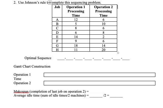 Solved 2. Use Johnson's rule tomplete this sequencing | Chegg.com