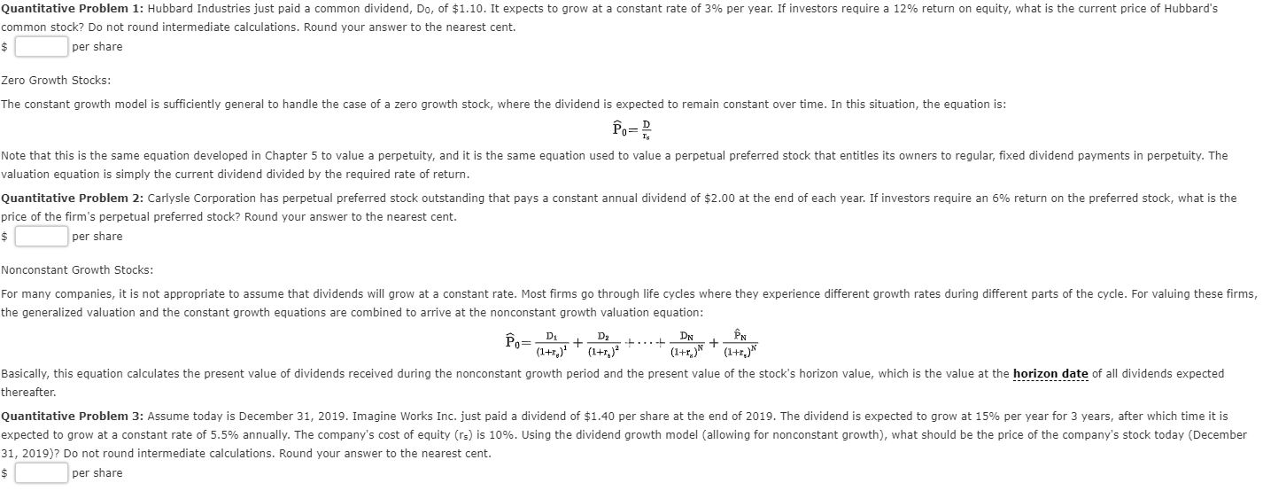 Solved Quantitative Problem 1: Hubbard Industries just paid | Chegg.com