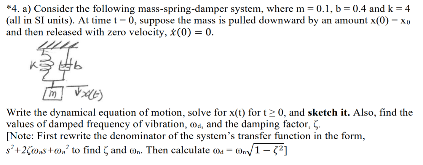 Solved *4. a) Consider the following mass-spring-damper | Chegg.com