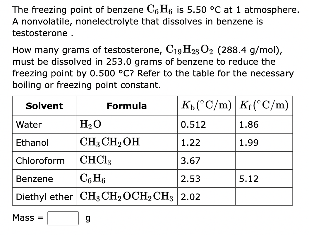 Solved The freezing point of benzene C6H6 is 5.50∘C at 1 | Chegg.com