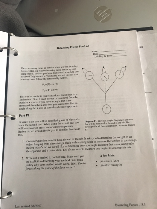 Solved Balancing Forces Pre-Lab Name: Date: Lab Day & Time: | Chegg.com
