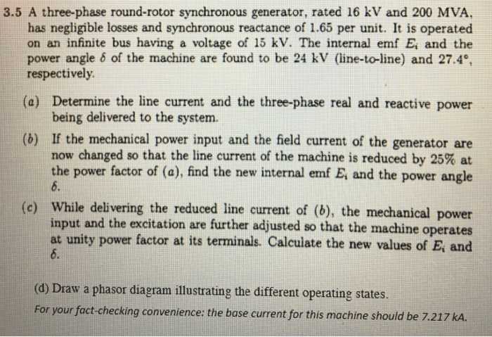 Solved 3.5 A three-phase round-rotor synchronous generator, | Chegg.com