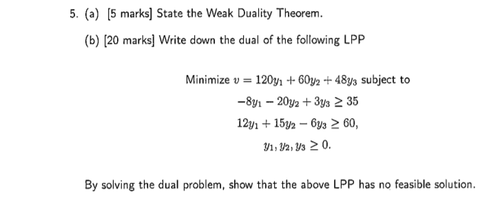 Solved 5. (a) [5 marks] State the Weak Duality Theorem. (b) | Chegg.com