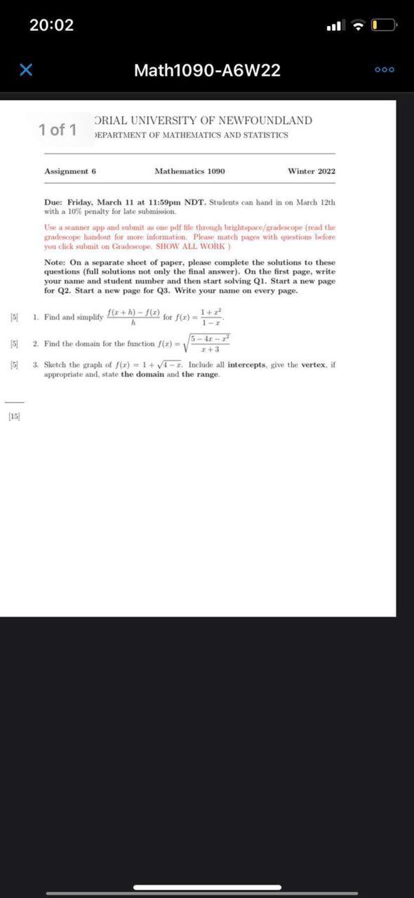Solved 20:02 X Math1090-A6W22 ООО 1 of 1 ORIAL UNIVERSITY OF | Chegg.com