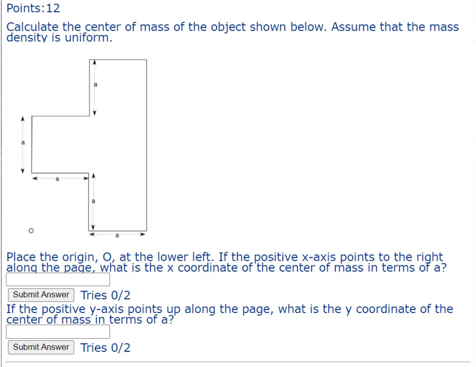Solved Points:12 Çalculate the center of mass of the object | Chegg.com