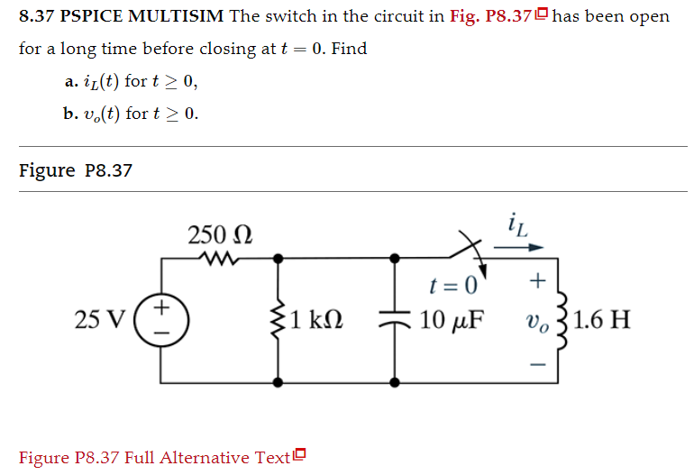 Solved 8.37 PSPICE MULTISIM The switch in the circuit in | Chegg.com