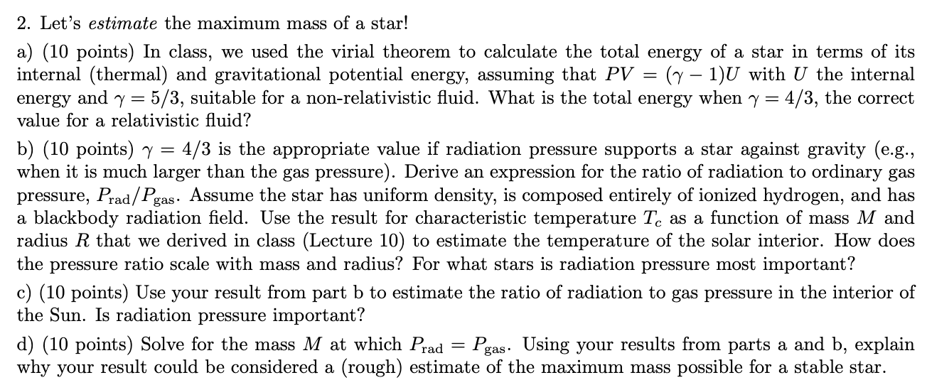 2. Let's estimate the maximum mass of a star! a) (10 | Chegg.com