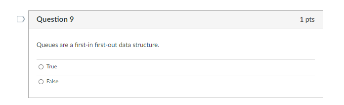 Solved Question 9 1 pts Queues are a first-in first-out data | Chegg.com