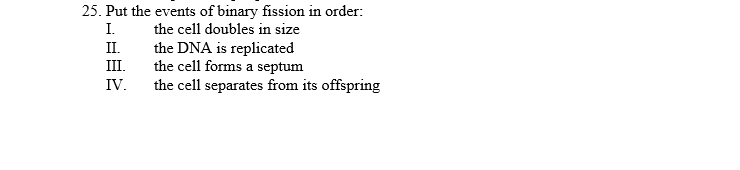 Solved 25. Put the events of binary fission in order: I. the | Chegg.com
