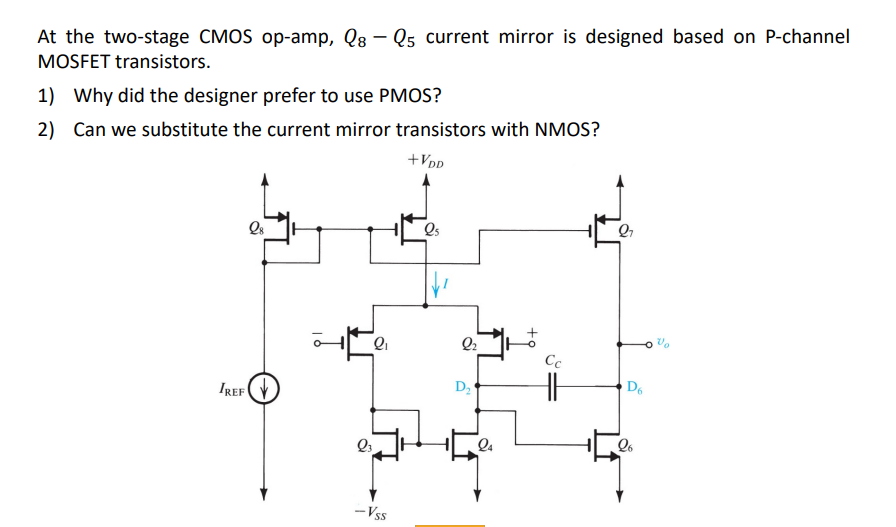 Solved At the two-stage CMOS op-amp, Q8 - Qs current mirror | Chegg.com