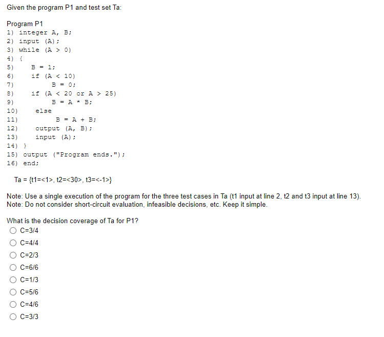Solved Given the program P1 and test set Ta: Program P1 1) | Chegg.com
