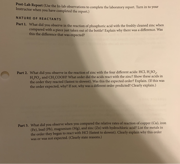 Solved Post-Lab Report (Use the In-lab observations to | Chegg.com