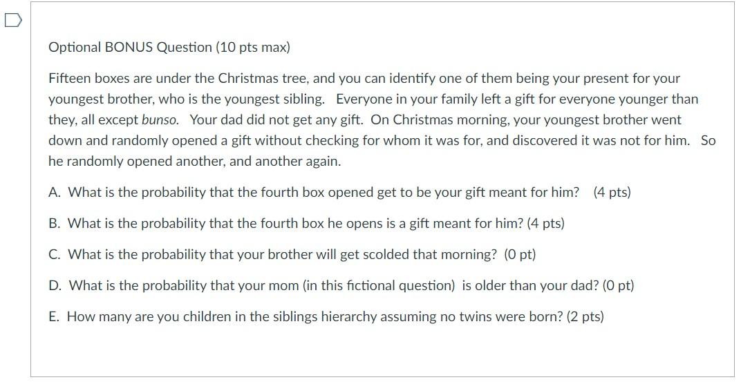 Solved Optional BONUS Question (10 pts max) Fifteen boxes | Chegg.com
