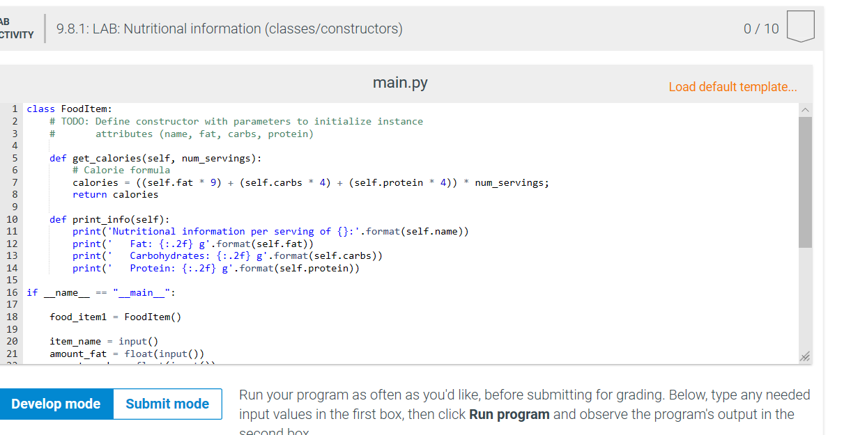 Solved: 9.8 LAB: Nutritional Information (classes/construc... | Chegg.com