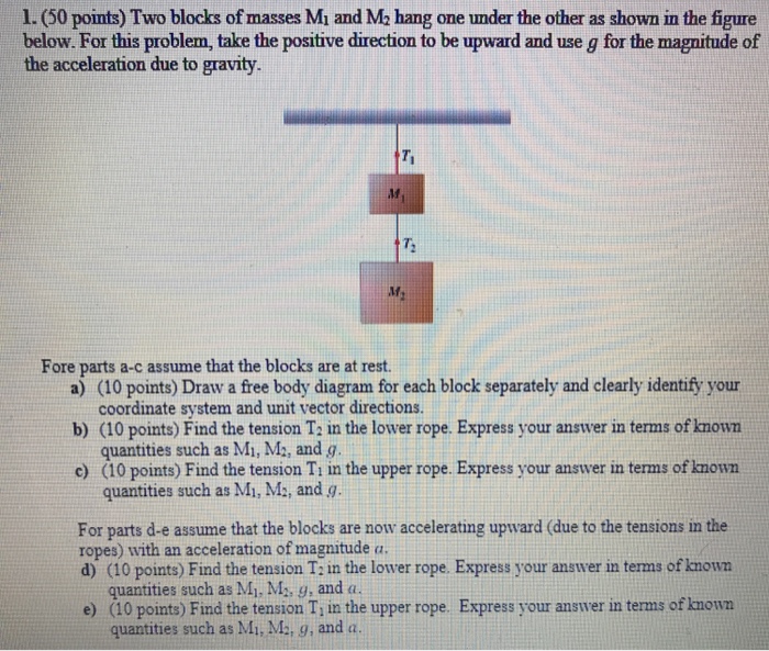 Solved 1. (50 points) Two blocks of masses Mi and M2 hang | Chegg.com