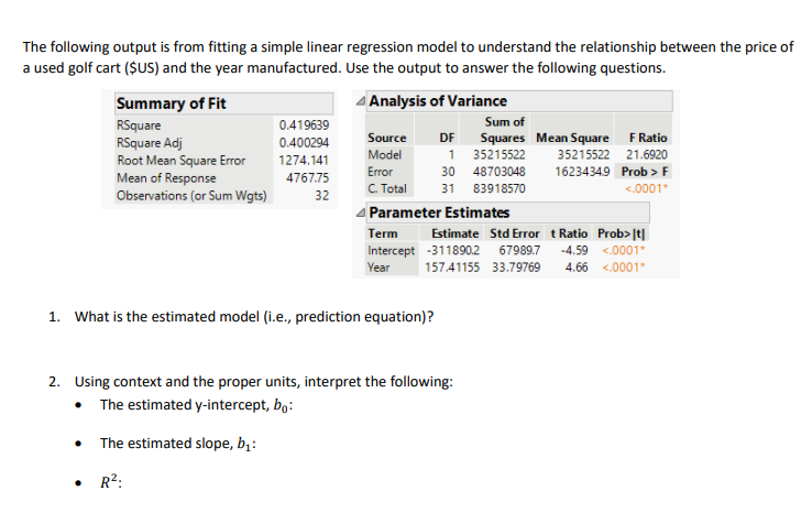 Solved The following output is from fitting a simple linear | Chegg.com