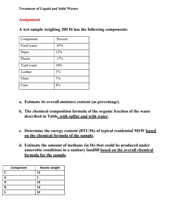 Solved Treatment of Liquid and Solid Wastes Assignment A wet | Chegg.com