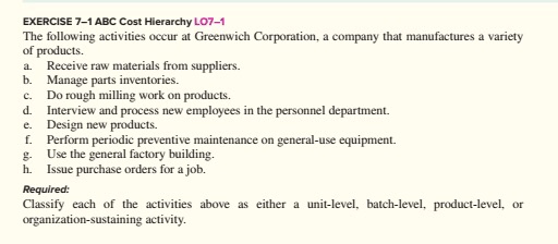 Solved EXERCISE 7-1 ABC Cost Hierarchy L07-1 The following | Chegg.com