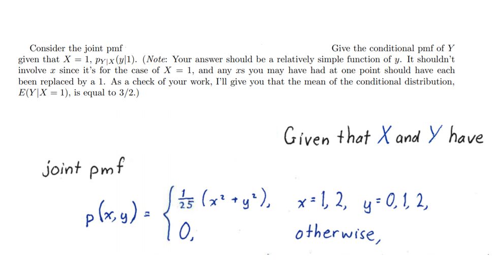 Solved Consider the joint pmf Give the conditional pmf of Y | Chegg.com