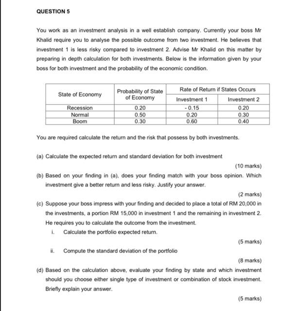 Solved QUESTIONS You work as an investment analysis in a | Chegg.com