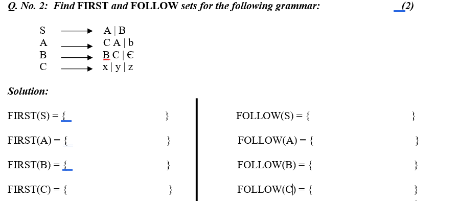 Solved Q. No. 2: Find FIRST and FOLLOW sets for the | Chegg.com