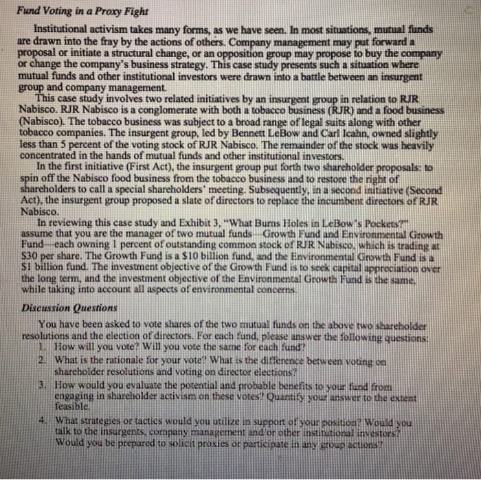 Solved Fund Voting in a Proxy Fight Institutional activism | Chegg.com
