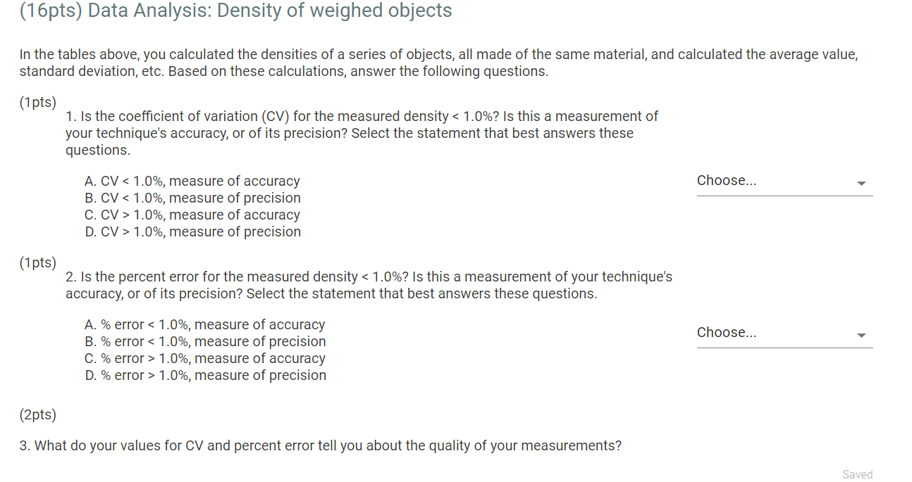 Solved Report Table ME.3: Density of object analysis Table | Chegg.com