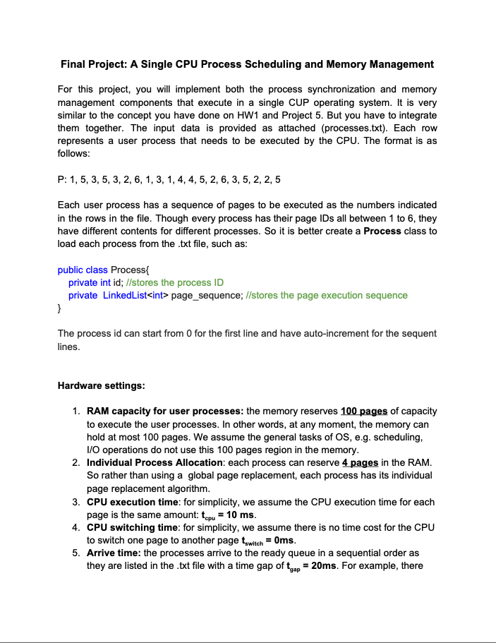 Final Project: A Single CPU Process Scheduling and | Chegg.com