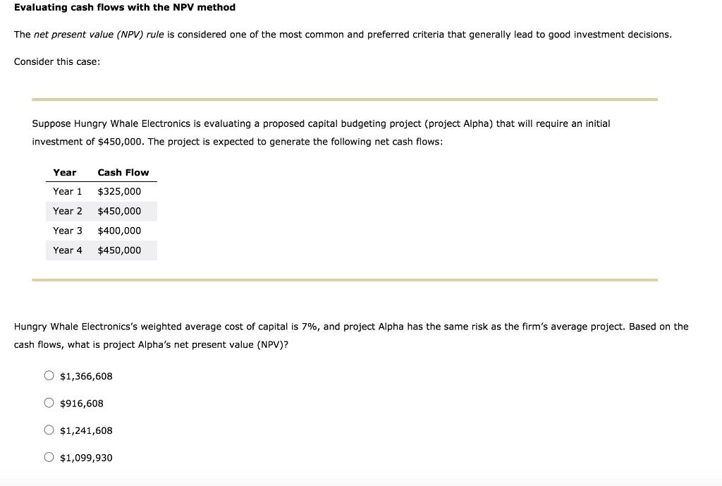 Solved Evaluating cash flows with the NPV method The net | Chegg.com