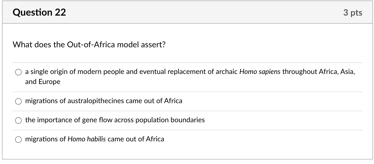 Solved Question 22 3 pts What does the Out-of-Africa model | Chegg.com