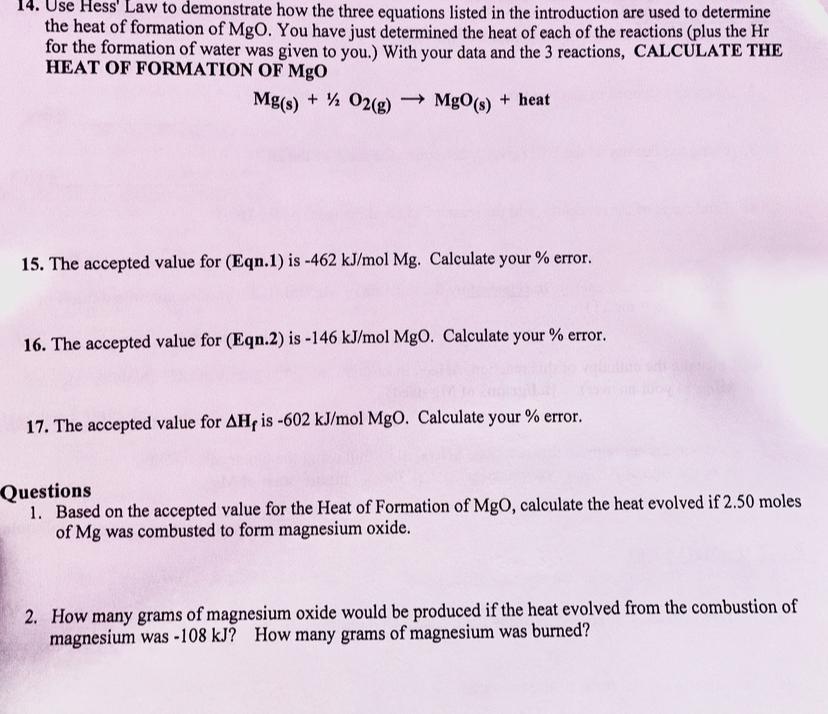 Reaction 1 Data (Mg+HCl) Reaction 2 Data (MgO+HCl)14. | Chegg.com