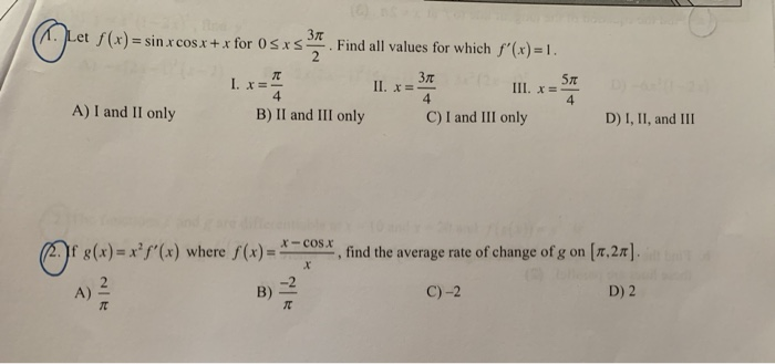 Solved A.Let f(x)= sin x cos x + x for 0SxsFind all values | Chegg.com