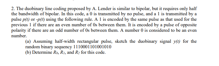 Solved 2. The duobinary line coding proposed by A. Lender is | Chegg.com