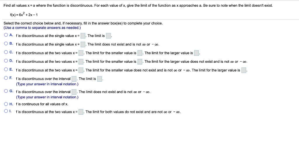 Solved Find all values x=a where the function is | Chegg.com