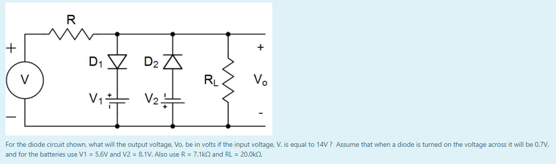 Solved R + + D1 D2 RL V. V2 For the diode circuit shown, | Chegg.com