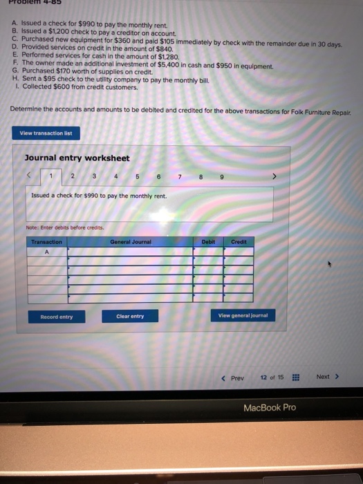 Solved A. Issued a check for $990 to pay the monthly rent | Chegg.com