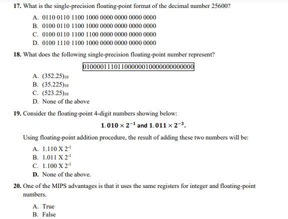 Solved 17. What is the single-precision floating-point | Chegg.com