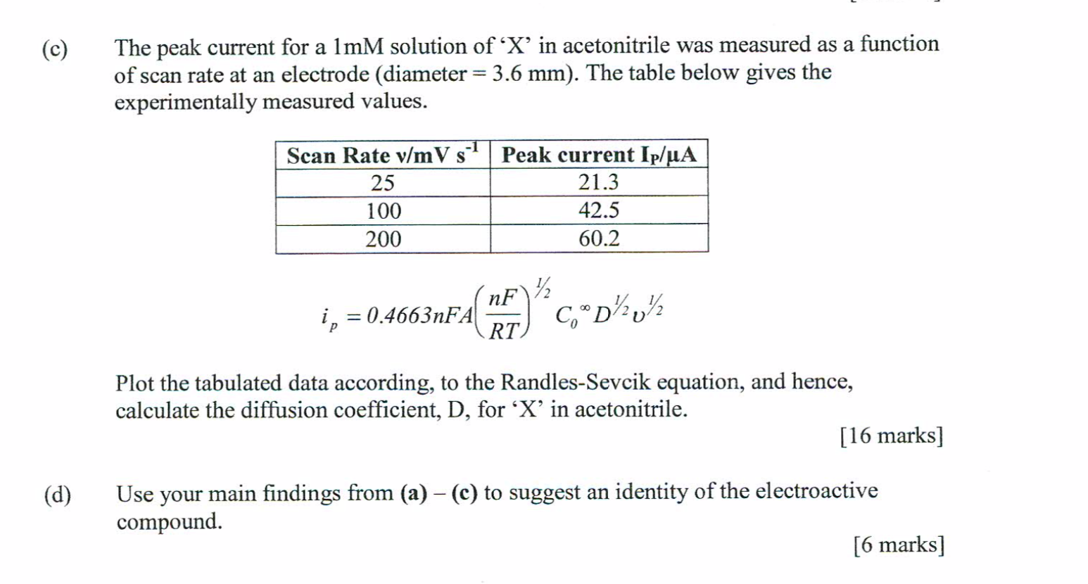 Solved (c) The peak current for a 1mM solution of ‘X'in | Chegg.com