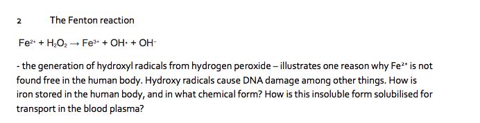 Solved 2 The Fenton reaction Fe2+ + H2O, Fe3+ + OH- + OH- - | Chegg.com