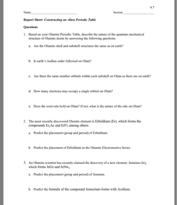 Solved: Constructing An Alien Periodic Table Introduction ... | Chegg.com